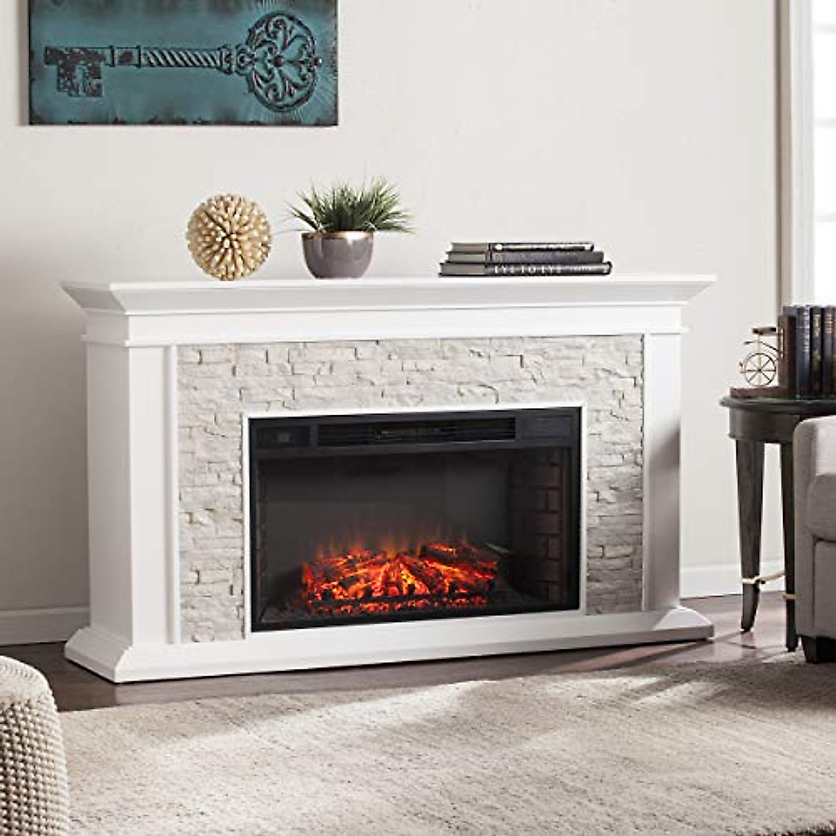 Canyon Heights Faux Stacked Stone Electric Fireplace - White