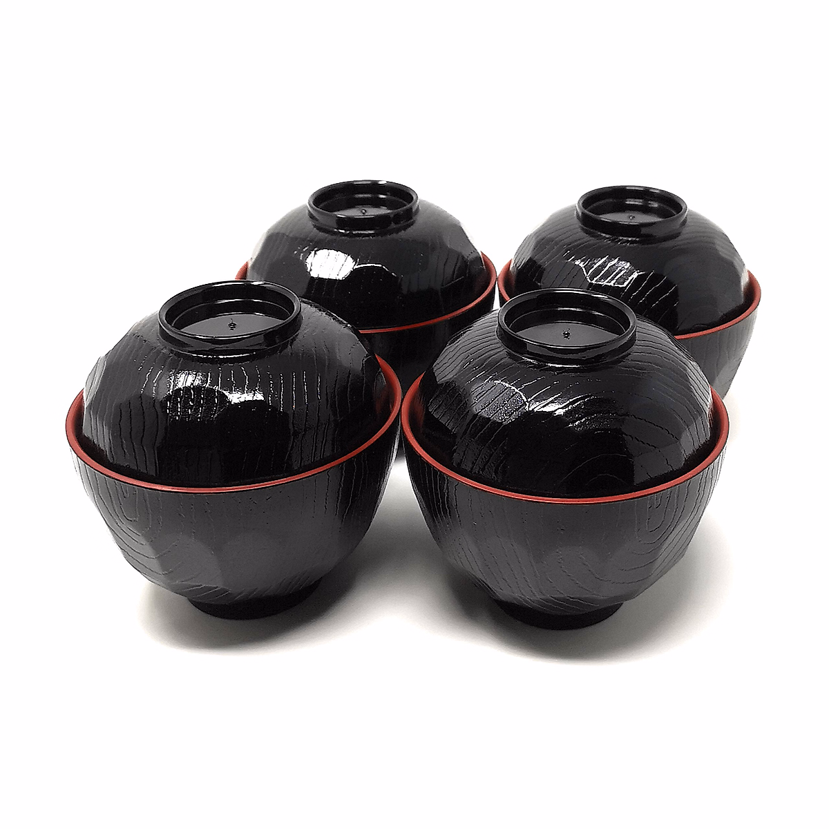 ASIAN HOME Japanese Rice and Soup Bowls With Lid, Black and Red, for rice, miso soup, 4.33" x 3.94", 8.4 oz. (4 Bowls)