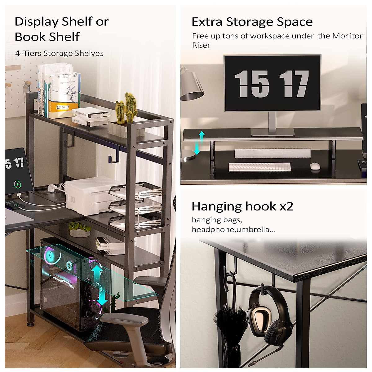 COMHOMA Gaming L Shaped Computer Desk, 55" Home Office Desk with Shelves, L Shape Computer Corner Desk with Charging Port, Gaming Table Power Outlet Build in, LED Writing Desk with Monitor Stand Black