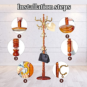 High-Grade Coat Rack Freestanding Coat Rack Stand, Wooden Coat Rack Stand with 14 Hooks, Coat Rack Wooden Tree for Coats, Hats, Bags, Purses, for Entryway Hallway Foyer Office Closet (Mahogany color)