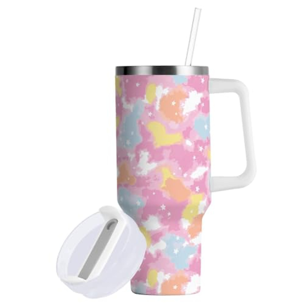 Caikeny Insulated Tumblers with Lid and Straw Tie Dye Pastel Colorful 30 oz Reusable Stainless Steel Cup Star Water Bottle Coffee Travel Tumbler Mug for Women Men