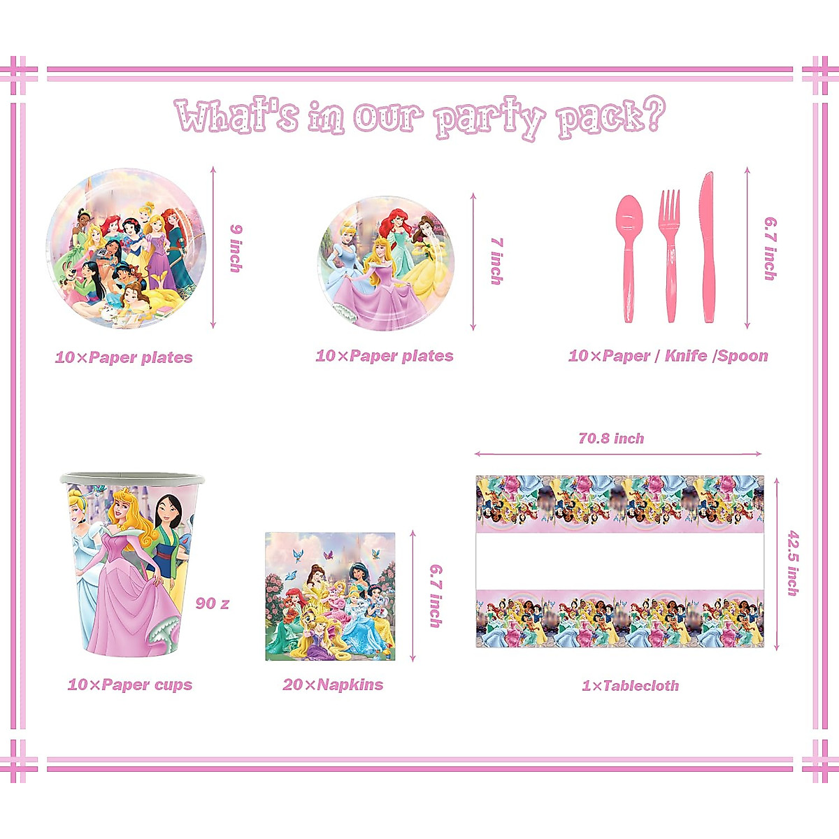 Princess Birthday Party Supplies Decorations for Girls Birthday Theme Tableware Includes Party Plates, Paper Cups, Knives, Forks and Spoons and Tablecloth