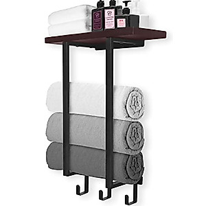 Towel Rack for Bathroom Towel Holder with Wooden Shelf and 3 Hooks Wall Mounted Towel Hanger Storage Organizer for Rolled Towels RV Metal Matte Black