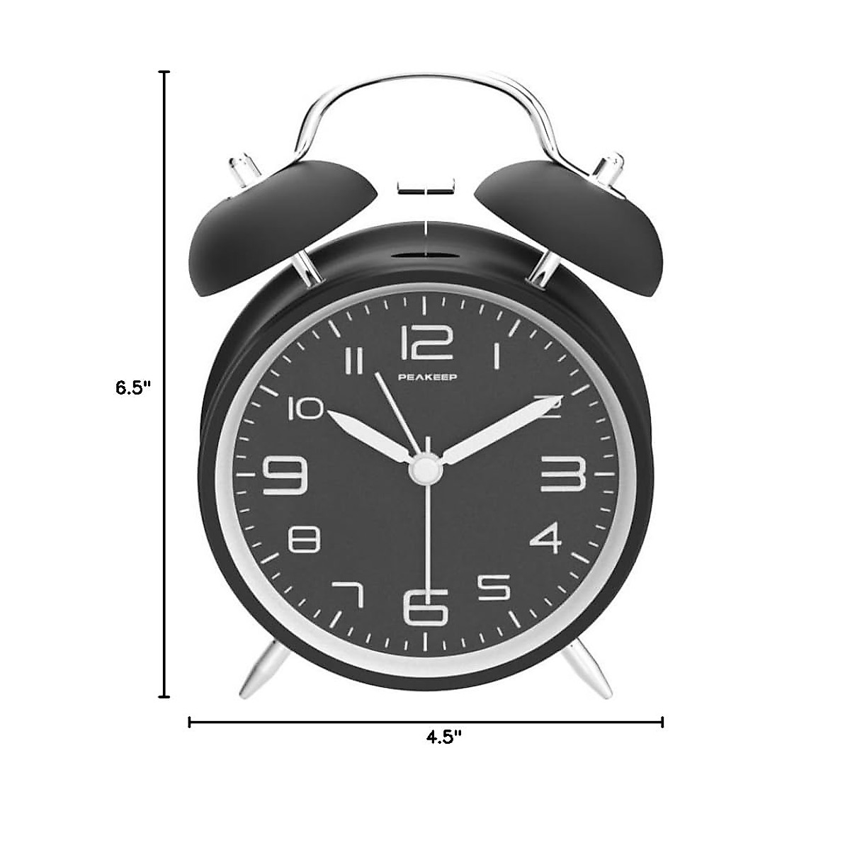 Peakeep 4 Inches Twin Bell Loud Alarm Clock for Heavy Sleepers, Backlight, Battery Operated Old Fashioned Alarm Clock for Bedrooms (Black)