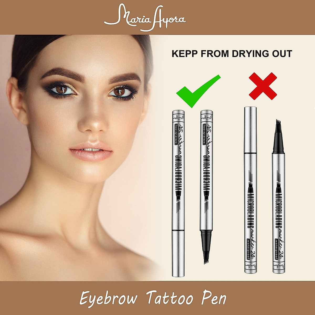 2PCS Maria Ayora Natural Looking Microblading Eyebrow Pencil with Innovative Micro-Fork Tip Applicator, Natural & Long-lasting Eyebrow Pen Makeup, Waterproof & Smudgeproof, Vegan (Dark Brown)