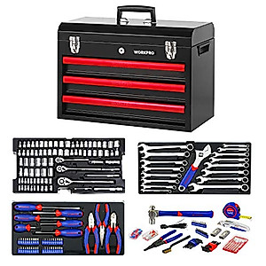 WORKPRO 408-Piece Mechanics Tool Set, General Household Home Repair Tool Kit with 3-Drawer Heavy Duty Metal Box, Hand Tool Kit Set 1 Pack