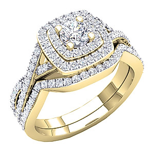 Dazzlingrock Collection 4mm Center Round Cubic Zirconia Halo Cushion Criss Cross Wedding Ring Set for Women (1.40 ctw, Color White, Clarity Clean) in 10K Yellow Gold, Size 10