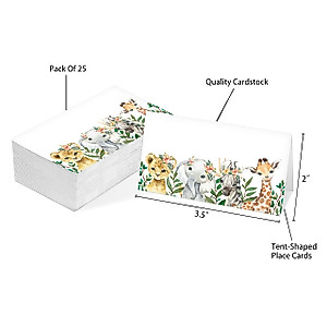 Table Place Card, Jungle Safari Animals Themed Tent Style Cards, Pack of 25 Half-Fold Reception Place Card, Wild Animal Food Labels, Perfect for Baby Shower, Birthday Party C03