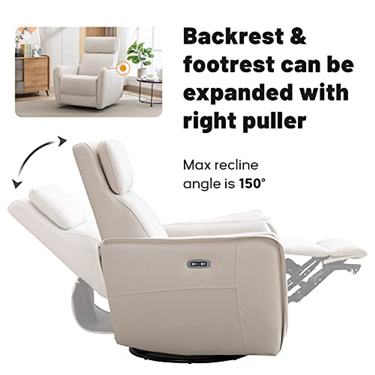ANJ Power Swivel Rocker Recliner Chair, Electric Glider Reclining Sofa with USB Ports, Leathaire Rocking Chair Nursery Recliners for Living Room (White)