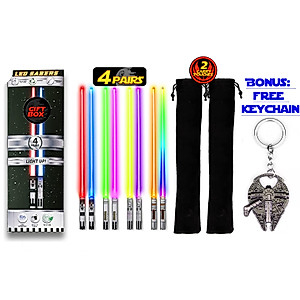 SaberChops Lightsaber Chopsticks Light Up Star Wars LED Reusable 8 Color Modes - 4 PAIRS FREE Millennium Falcon Keychain Bottle Opener Multicolor