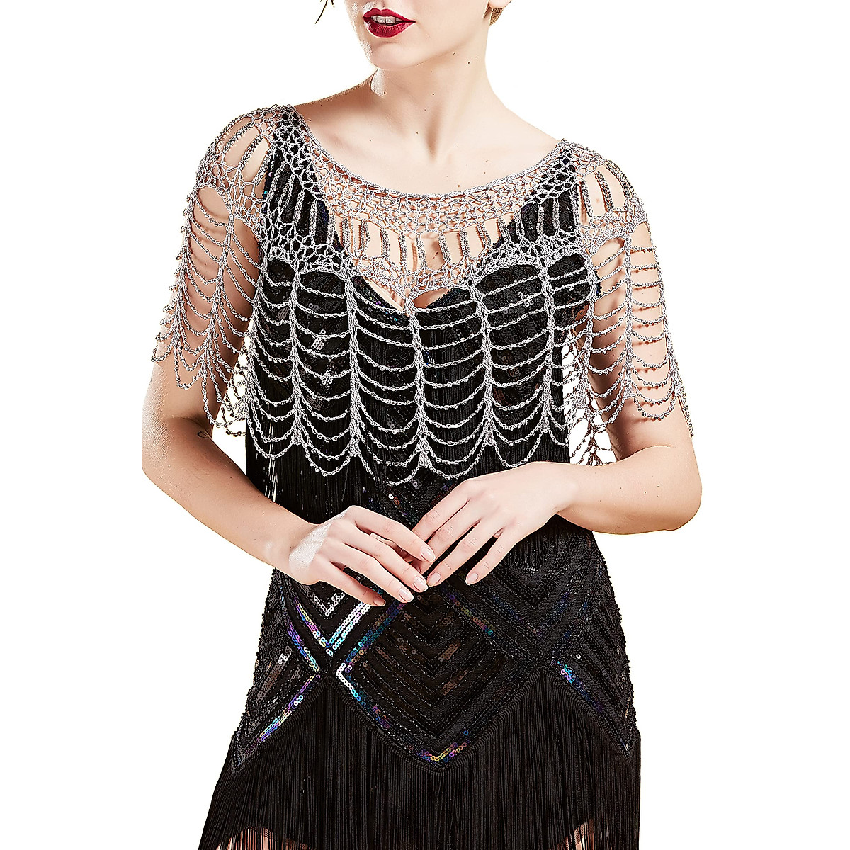 BABEYOND 1920s Shawl Wraps Beaded Net Evening Cap Wedding Bridal Shawl Scarf (Silver)