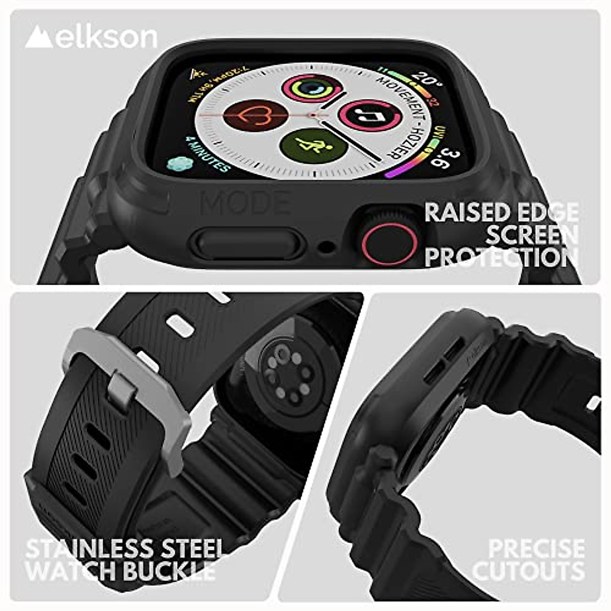 elkson Designed for Apple Watch Series 9/8/7/6/SE/5/4 [45/44mm], Quattro Pro Series Rugged Military Grade Protective Bumper Case with Strap Bands for iWatch, Stealth Black