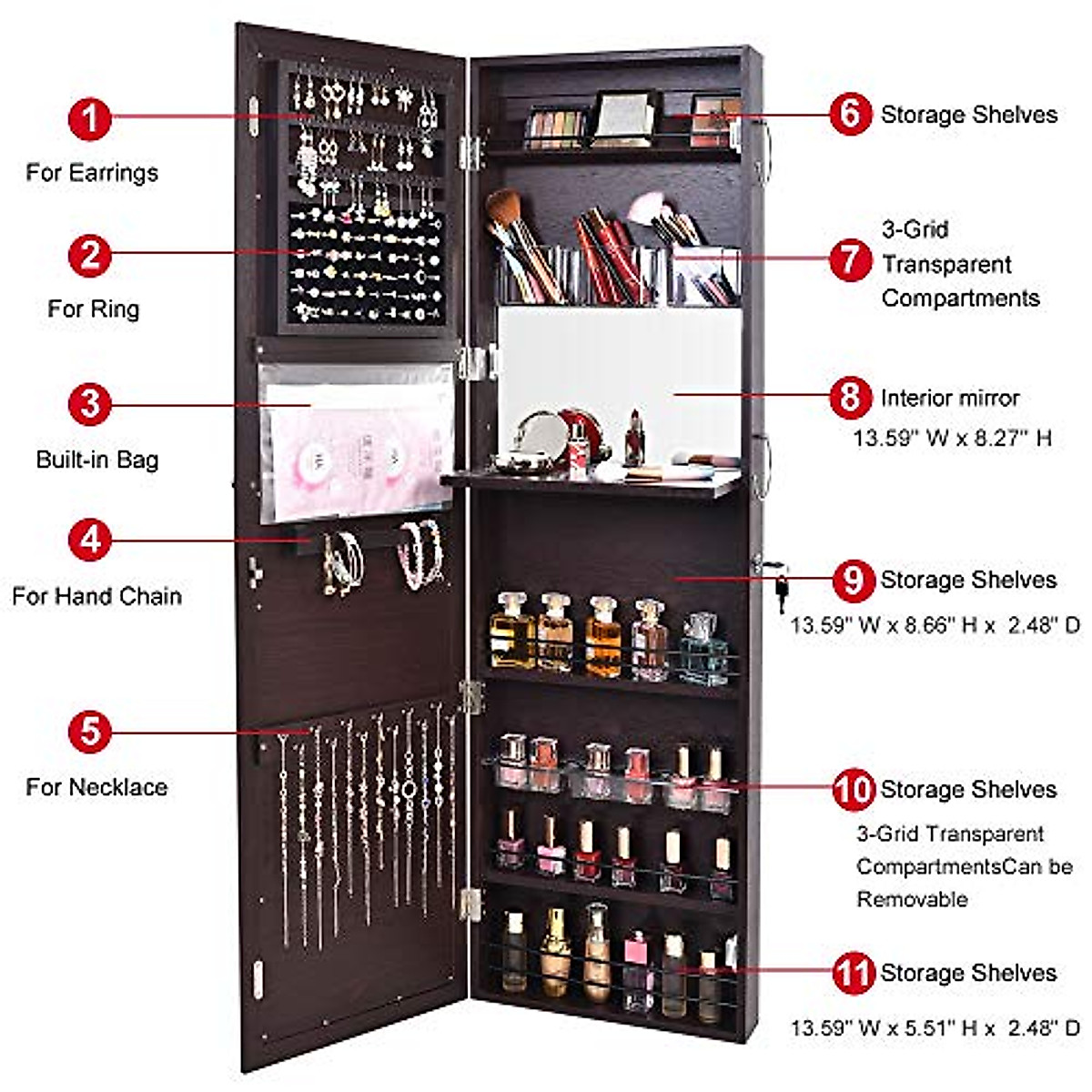 GISSAR Jewelry Mirror Armoire Wall Mount Over The Door, Mirror Jewelry Cabinet Storage Organizer Locking (Brown)