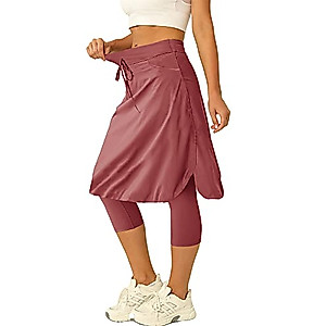 Women 20" Knee Length Tennis Skirt with Built in Legging Golf Skirts Skirted Legging with Pockets Wine Red