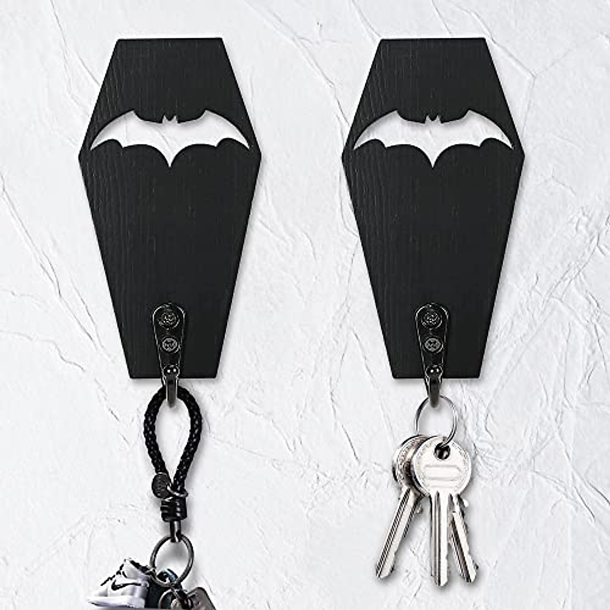 Ella & Emma Wall Mounted Mini Coffin Bat Decor Key Holder, Gothic House Decor, Can Be Used as a Towel, Mug Holder, Gothic Room Decor, Wood Key Hook, Key Hanger, Hanging Wooden Hooks (Pack of 2)