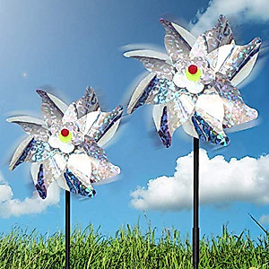 Happyyami 2 Sets Reflective Pinwheels Birds Deterrent Bird Repellent Devices with Bird Repellent Pinwheels Effective Reflection Silver Spinner for Yard Patio Garden Farm (Silver)