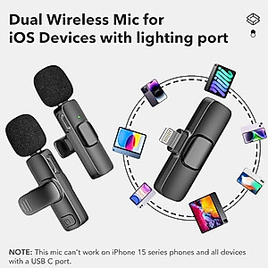 PoP voice 2PCs Wireless Lavalier Microphone for iPhone/iPad Dual Cordless Clip-on Mics Lapel Lav Mic for iPhone Video Recording Omni Condenser Rechargeable Noise Reduction Vlog Interview YouTube 66ft