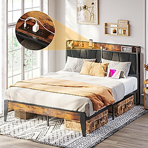 ClouDDwell Queen Size Bed Frame and Headboard with Charging Station, Queen Bed Frame with Storage, Heavy Duty Steel Support, No Box Spring Needed, Squeak Resistant, Rustic Brown and Grey
