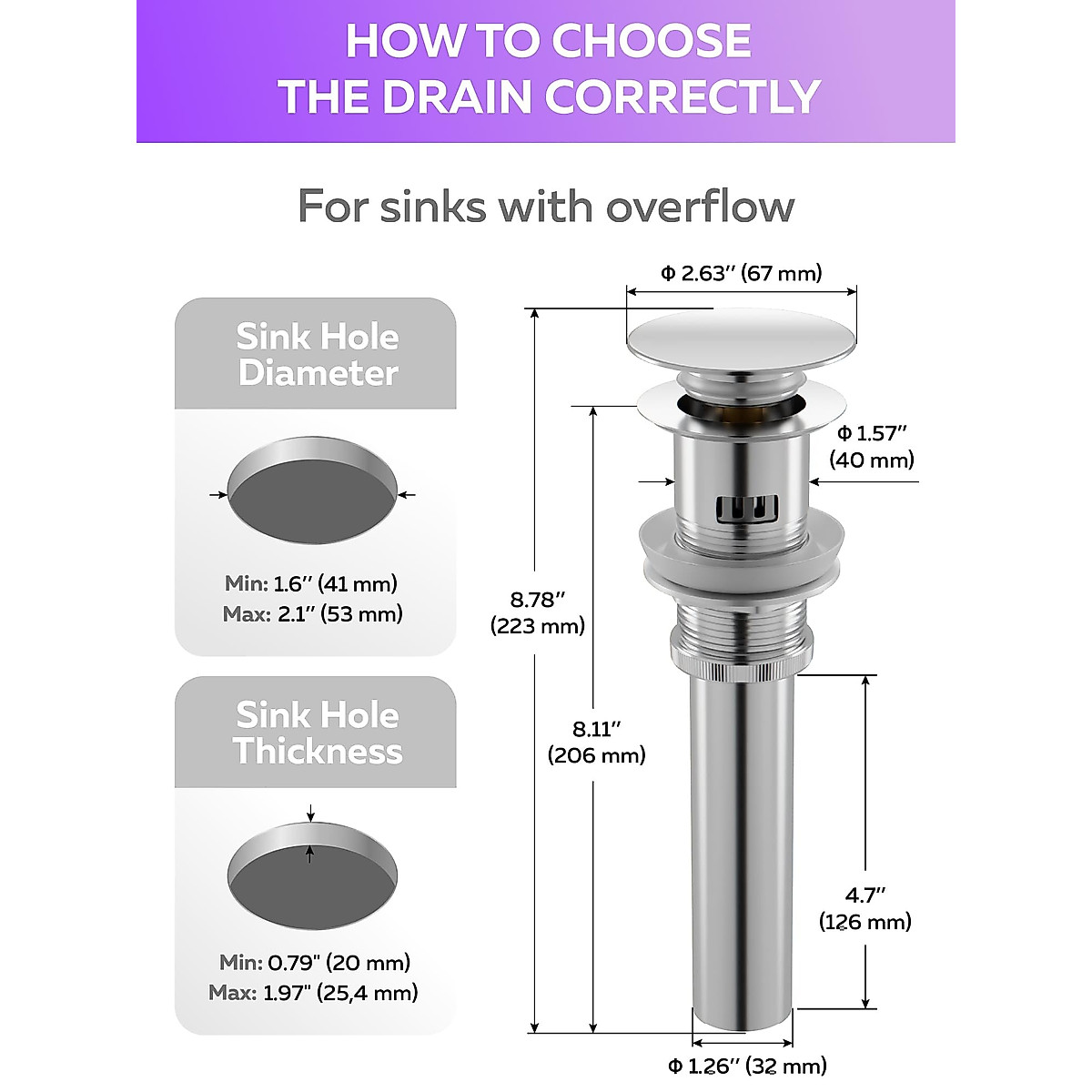 Premium Pop Up Drain with Overflow 1.6"- 1.9" Universal Bathroom Drain Kit - Chrome Bathroom Sink Drain with Overflow All Metal Rustproof Brass and 304 Stainless Steel - Push Button Sink Drain