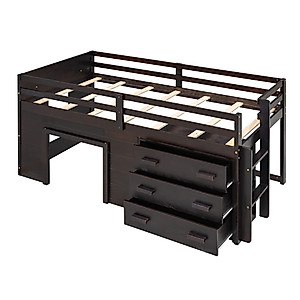 CITYLIGHT Twin Size Low Loft Bed with Storage,Wood Twin Loft Bed with Cabinet and Shelf,Kids Loft Bed Frame for Girls Boys,Espresso