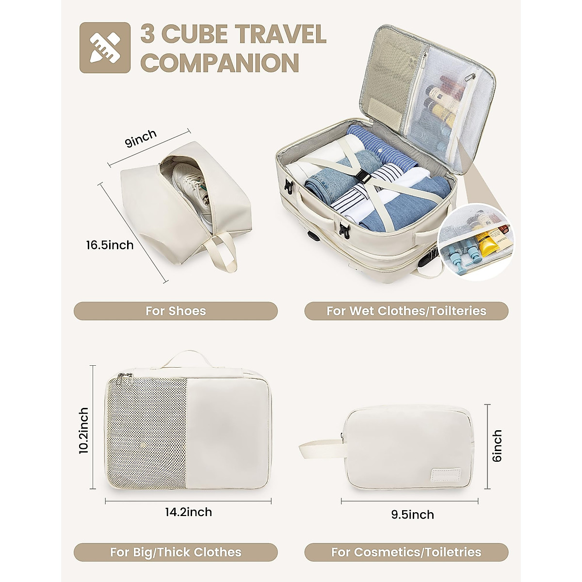 LOVEVOOK Travel Backpack for Women, 40L Carry On Backpack Flight Approved, Waterproof 17 Inch Laptop Backpack with 3 Cubes, College Bookbag, Personal Item Travel Bag, Beige