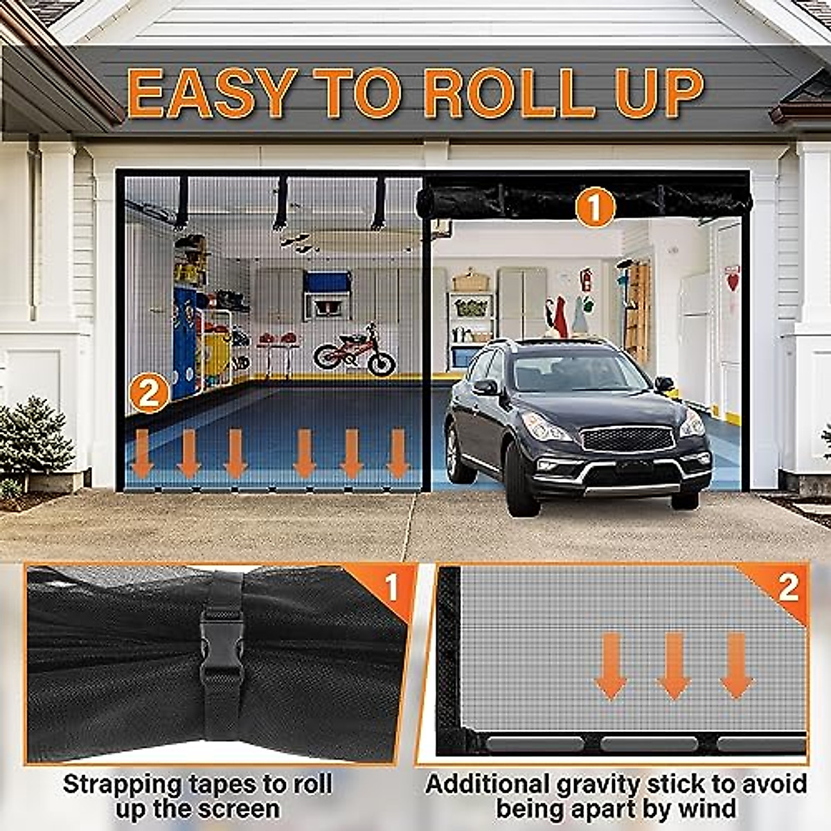 Garage Door Screen for 1 Car 9x7Ft - Magnetic Closure, Reinforced Fiberglass Mesh, Heavy Duty Weighted Bottom, Hands-Free Operation, Easy Assembly & Pass-Through