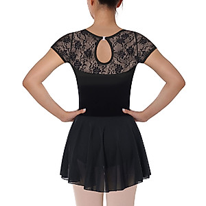 BAKPH Women Dance Ballet Leotard with Skirt,Adult Lace Short Sleeve Ballerina Dancewear(W7027-06-L)
