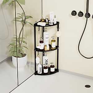 SWTYMIKI Corner Shower Caddy Standing - 3 Tier Stainless Steel Corner Shower Organizer Stand, Large Capacity Floor Shower Shelf with 4 Hooks, Rustproof Shower Storage for Bathroom and Bathtub, Black