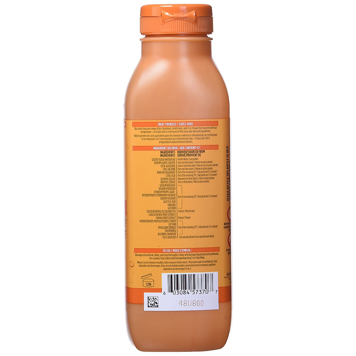 Garnier Fructis Damage Repairing Treat Shampoo, 98 Percent Naturally Derived Ingredients, Papaya, Nourish Dry Damaged Hair, Coconut, 11.8 Fl Oz