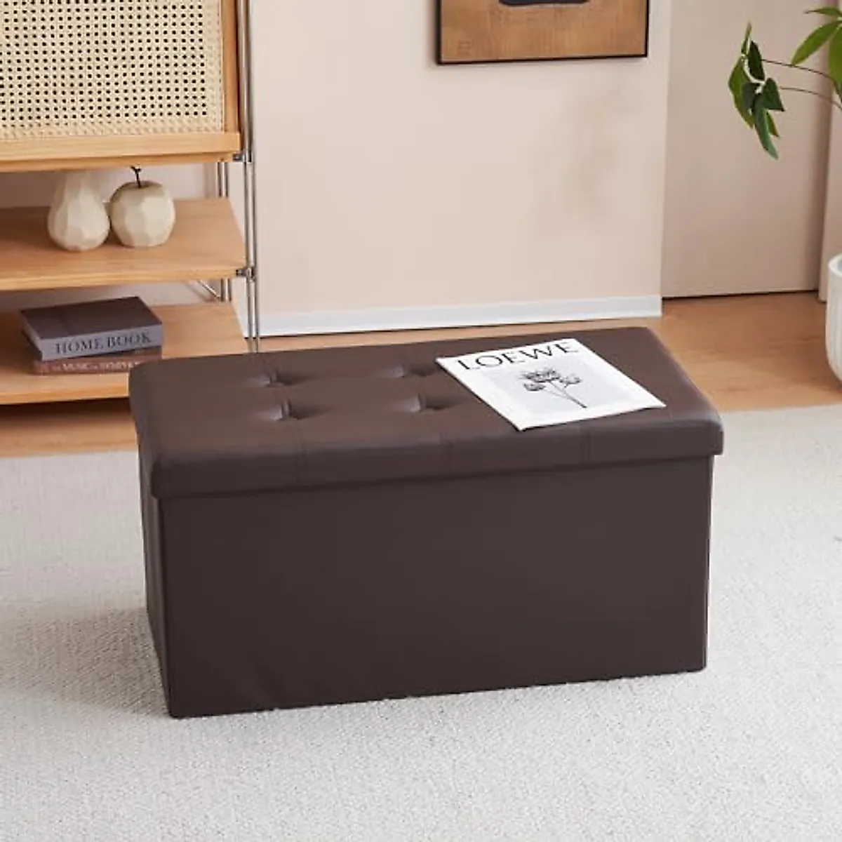 Guangshuohui Storage Ottoman Bench, Faux Leather Footrest Ottoman, Storage Bench Suit for Bedroom,Living Room and Hallway (Dark Brown, Glossy Pull Point)
