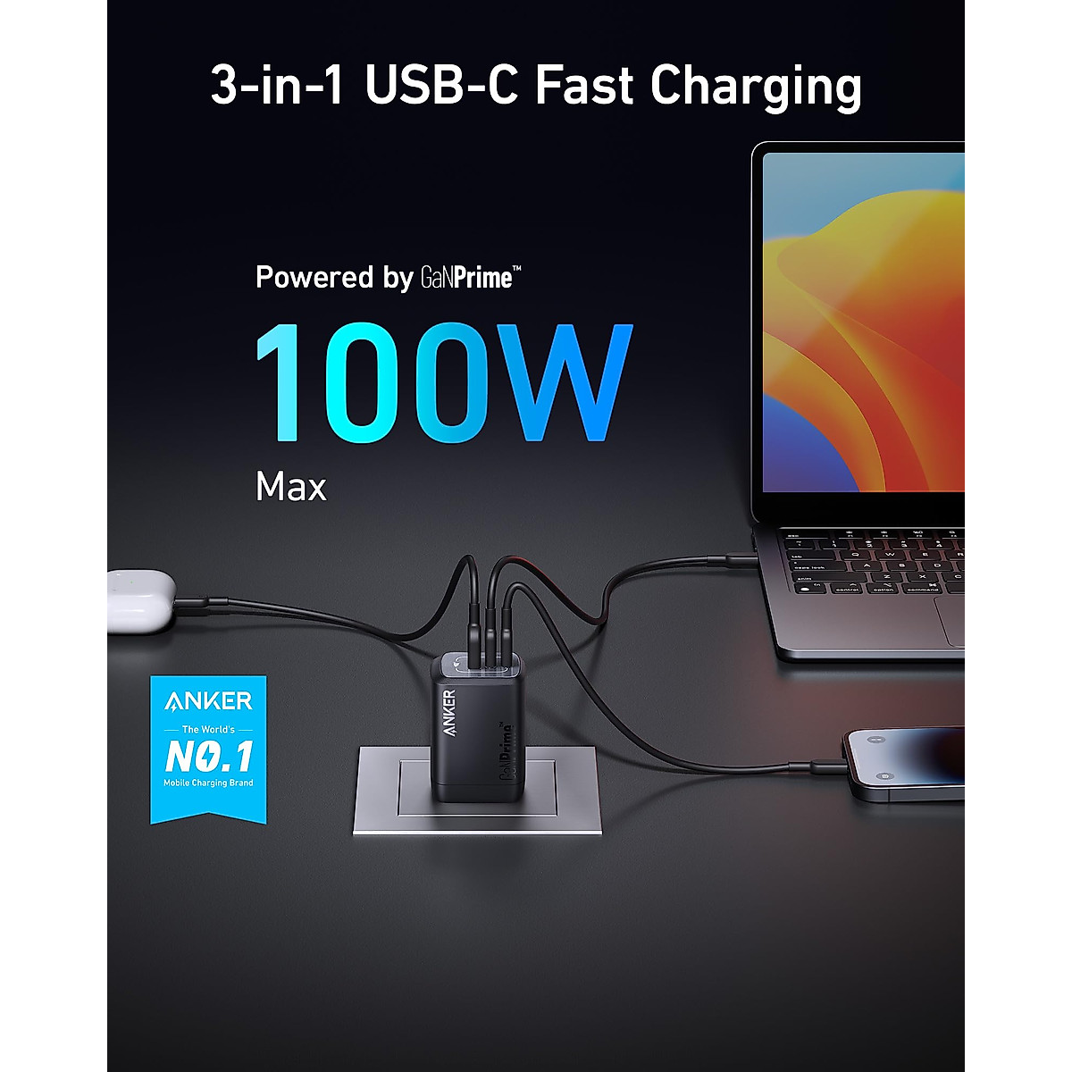 Anker Prime 100W USB C Charger, Anker GaN Wall Charger, 3-Port Compact Fast PPS Charger, for MacBook Pro/Air, Pixelbook, iPad Pro, iPhone 14/Pro, Galaxy S23/S22, Note20, Pixel, Apple Watch, and More