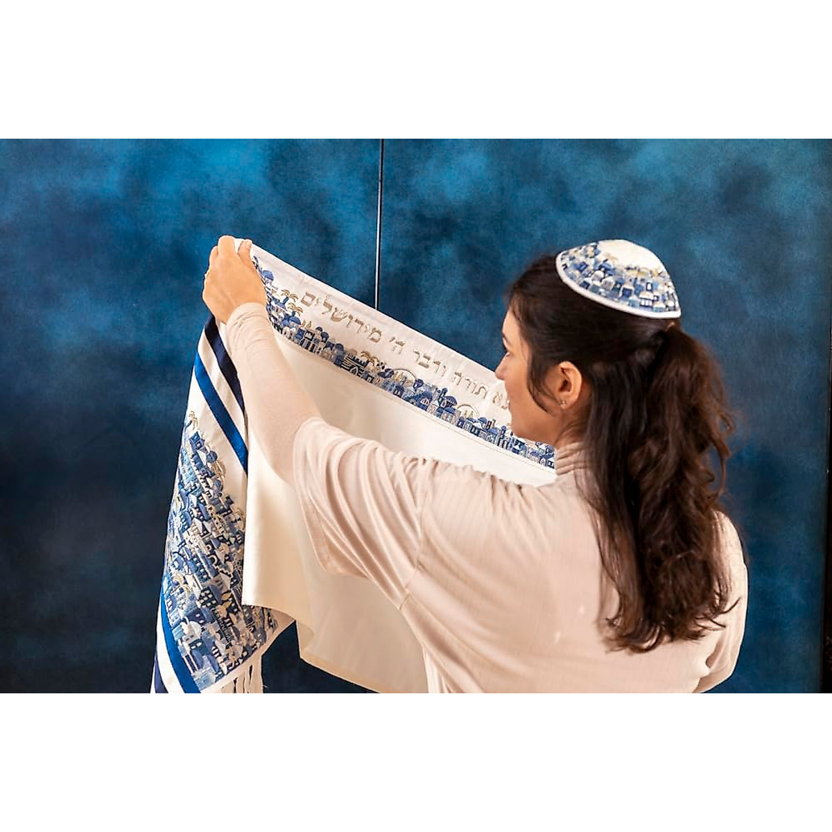 Yair Emanuel Premium Tallit Silk Embroidered Jerusalem Vista | Blue and White Tallis Prayer Shawl