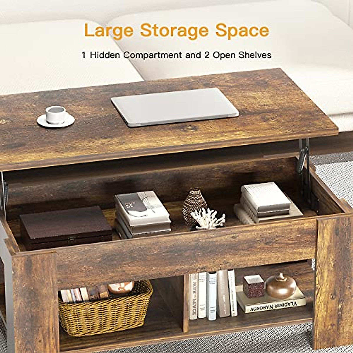 NOBLEWELL Coffee Table Lift Top with Storage Compartment and Separated Open Shelves, Pop Up Coffee Table for Living Room, 39.4in L, Vintage Brown