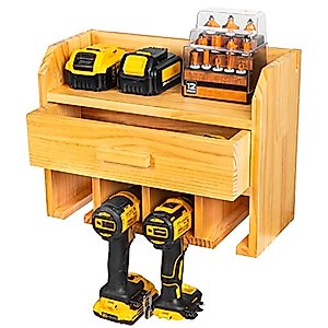 Iron Forge Tools Power Tool Organizer for Garage - Fully Assembled Wood Tool Chest and 4 Drill Charging Station with Tool Drawer - Great Workshop Organization and Storage Gift for Men