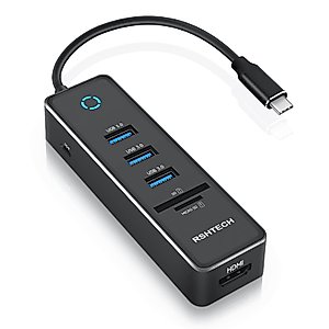 USB C Hub, RSHTECH USB C Dongle Adapter with 4K HDMI, 3 USB 3.0 Data Port, 100W Power Delivery, SD/TF Card Reader, Aluminum USB-C/Thunderbolt 3 Hub Dock for PC and Laptop, RSH-T16