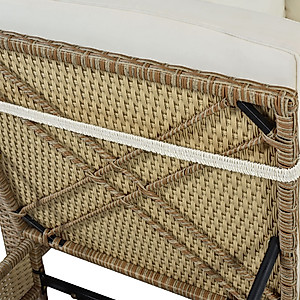 GLANZEND 3-Piece Rattan Sofa Weather PE Wicker Sectional Set with Adjustable Chaise Lounge Frame and Tempered Glass Table, Natural Brown+ Beige Cushion