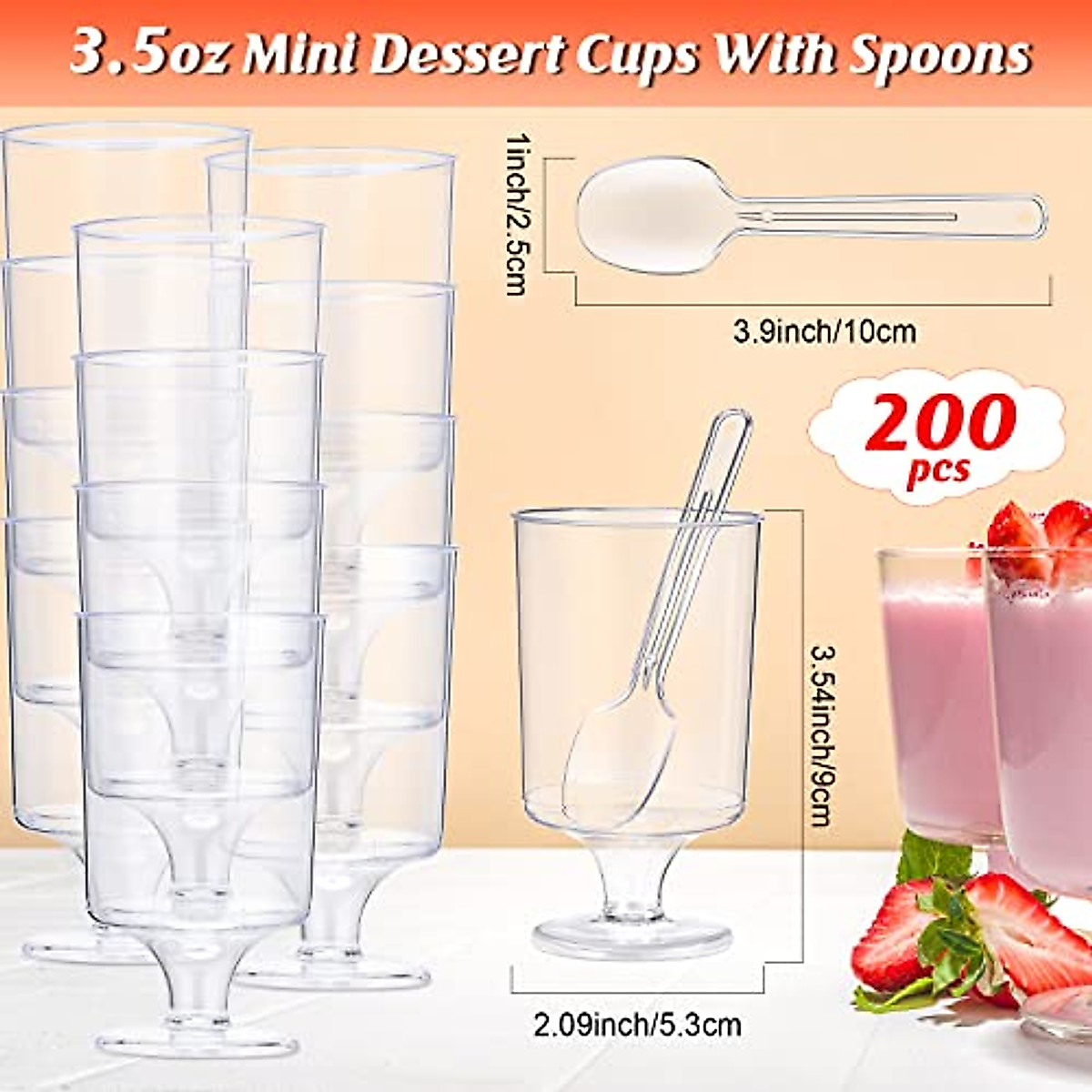 200 Pack 3.5 oz Mini Dessert Cups with Spoons Clear Plastic Parfait Appetizer Cups Small Appetizer Shooter Cups Disposable Mini Plastic Mousse Cups Pudding Fruit Ice Cream Cups for Wedding Party