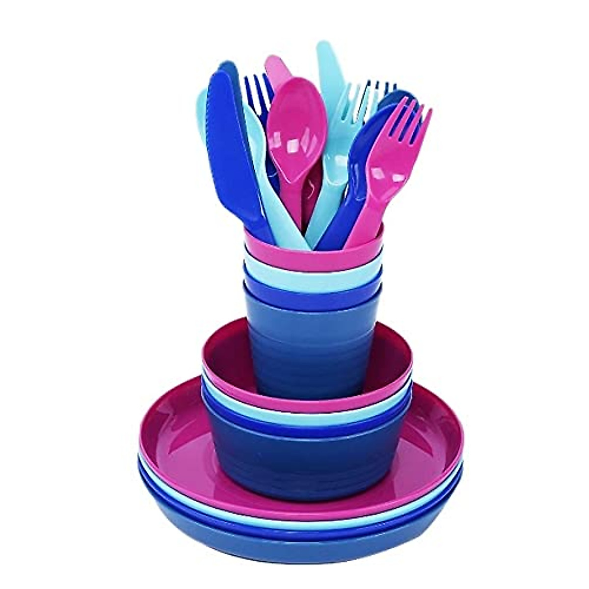 Klickpick Home Plastic Dinnerware Set Of 24 Pieces 4 colors Kids Dinnerware Set Includes, Kids Cups, Kids Plates, Kids Bowls, Flatware Set, Toddler Dishes Set are Reusable, Microwave - Dishwasher Safe