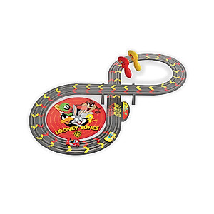 Scalextric Micro Scalextric My First Looney Tunes Bugs Bunny vs Daffy Duck Battery Powered 1:64 Slot Car Race Track Set G1141T, Yellow & Red