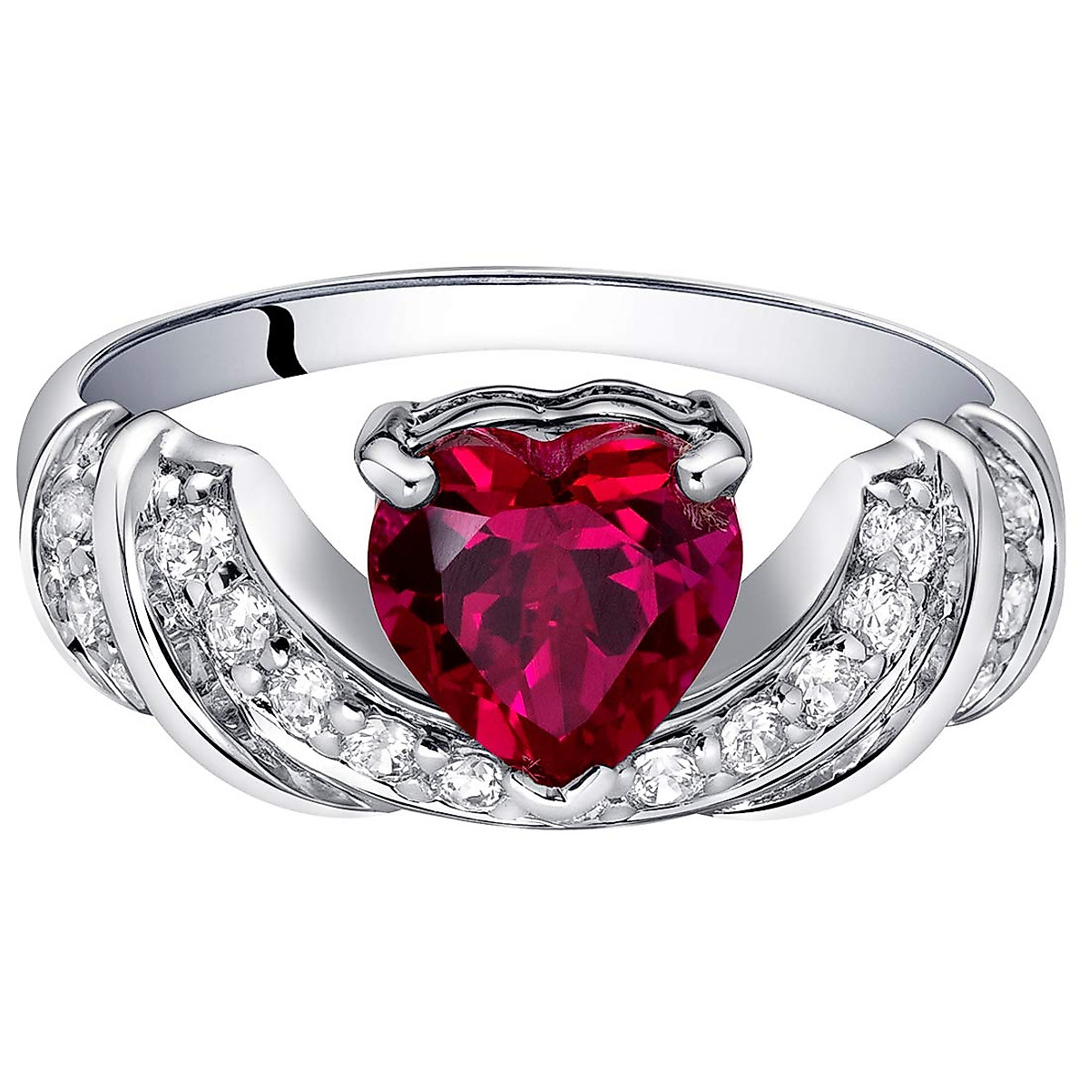 PEORA Created Ruby Heart Ring for Women in Sterling Silver, Statement Solitaire Design, 1.75 Carats total, Comfort Fit, Size 8