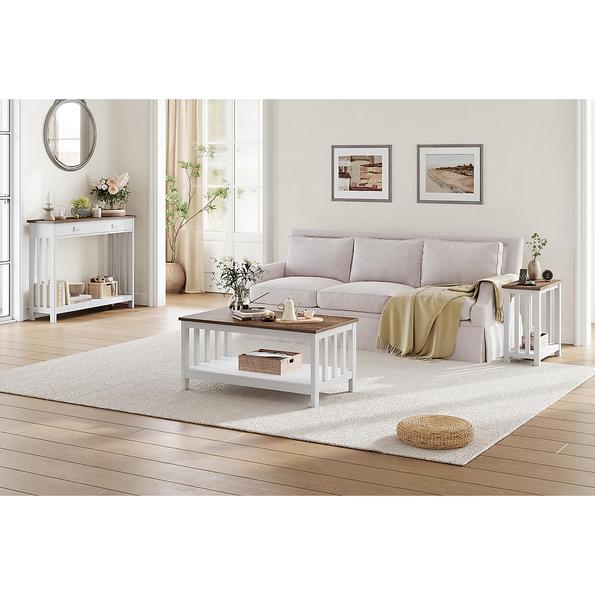 ChooChoo Farmhouse End Tables Set of 2, Narrow Side Tables for Small Spaces, Night Stands with Storage Shelf for Living Room and Bedroom, White and Brown