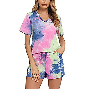 EISHOPEER Womens Tie Dye Printed Tee and Shorts Pajamas Set Sleepwear Pjs Sets LoungewearMulticolored S