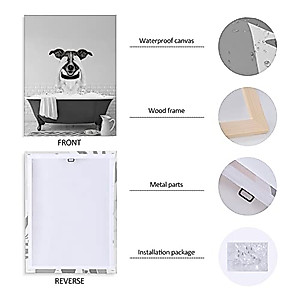 Funny Dog Wall Art in Bathtub black and White Canvas Print Wall Art Dog In Bathroom Picture, Dog Pictures Prints for Wall Decor Funny Artworks Set of 3 Ready To Hang for Living Room, Bathroom, Bedroom, Kids Bathroom Decor (12"x16", Framed)