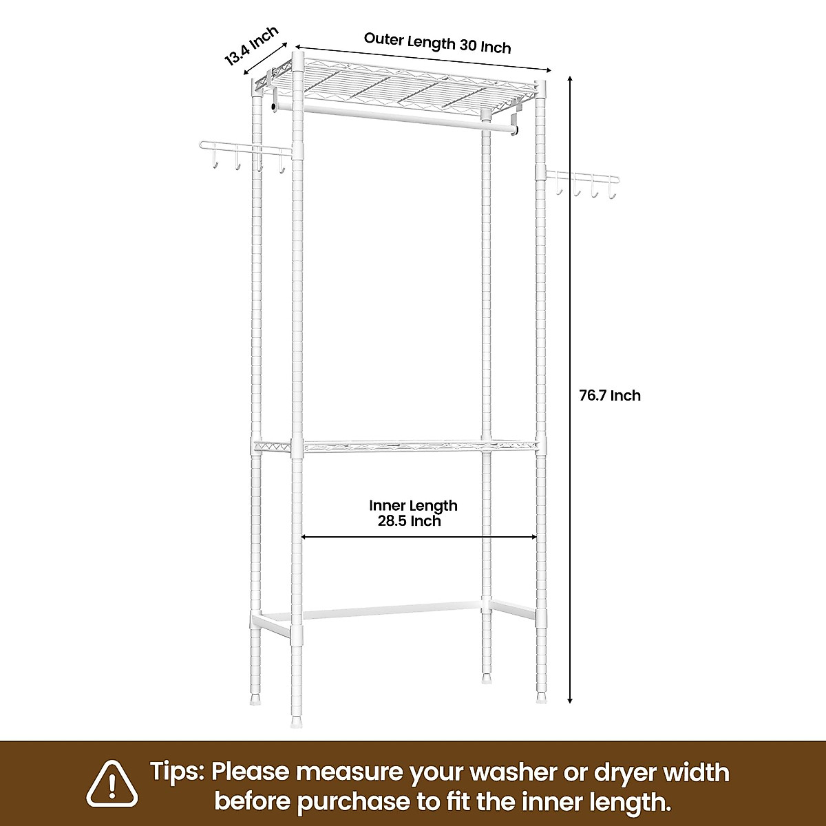 Memobarco Over Washer and Dryer Shelves, 2 Tiers Metal Clothes Drying Rack, Laundry Room Bathroom Organization, Space Saving Freestanding Closet Organizer Storage with Wire Shelves Side Hooks, White
