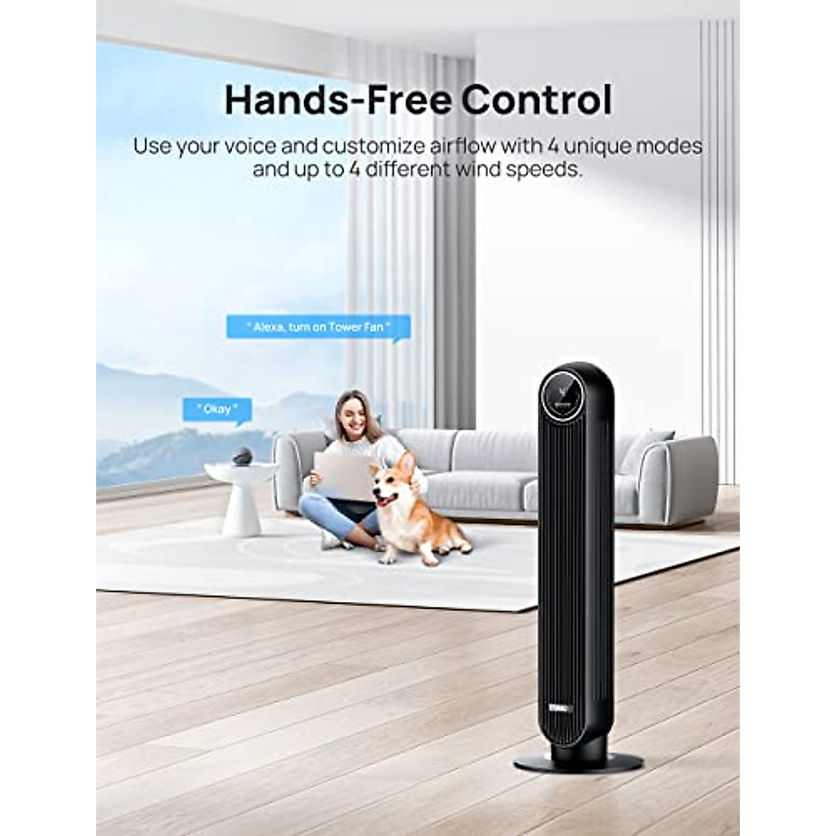 Dreo Tower Fan for Bedroom, Smart Oscillating Quiet Fans Blow Cold Air, Standing Cooling Floor Bladeless Fan with Remote and WiFi Voice Control, 4 Modes, 4 Speeds, 8H Timer, Works with Alexa/Google