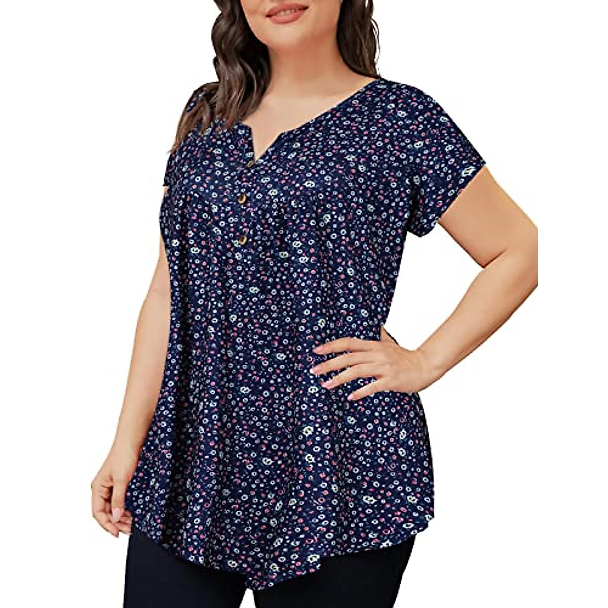 peasant tops for women tunic tops for women loose fit short sleeve flowy shirts Navy blue ditsy floral M
