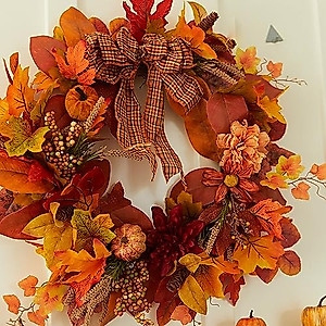 Fall Wreath for Front Door, 24 Inch Fall Door Wreath with Wreath Hanger, Autumn Pumpkin Wreath for Fall Decor Outdoor Indoor, Thanksgiving Day, Fall Decorations for Home