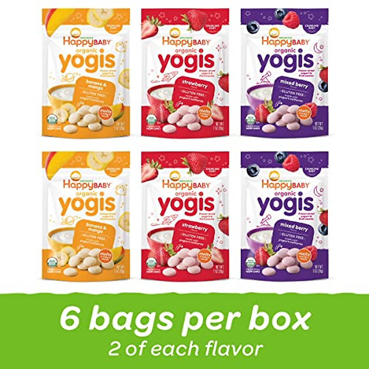Happy Baby Organics Yogis Freeze-Dried Yogurt & Fruit Snacks, Variety Pack, 1 Ounce (Pack of 6)