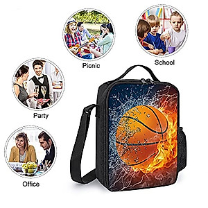 Insulated Lunch Box for Girls Boys, Leakproof Portable Lunch Bags with Adjustable Shoulder Strap and Side Pocket, Durable Reusable Cooler Tote Bag for Beach/Picnic/Office/Collega (Basketball)