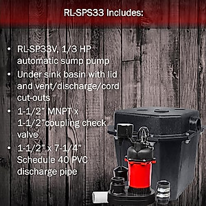 Red Lion RL-SPS33 1/3 HP, 115-Volt, 3200 GPH Under-Sink Sump Pump System with 6 Gallon Basin, Red/Black, 14942736